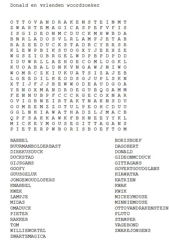 Kids-n-fun | Puzzels Woordzoekers Woordzoeker Donald Duck